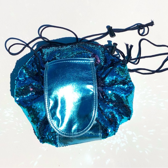 None | Bags | Makeup Bag Lay Flat Metallic Blue And Sequins Velcro And ...